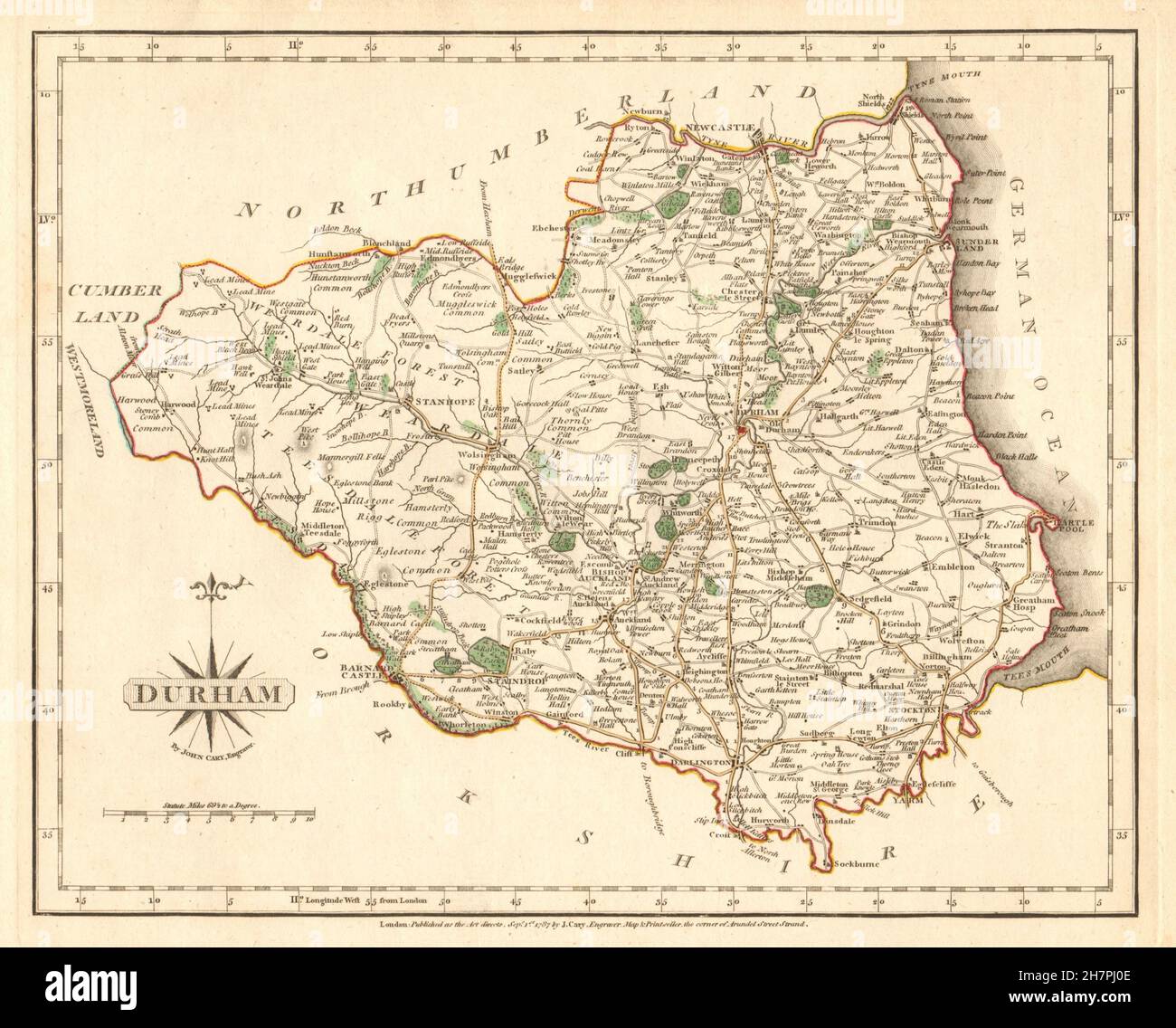 Antique county map of DURHAM by JOHN CARY. Original outline colour ...