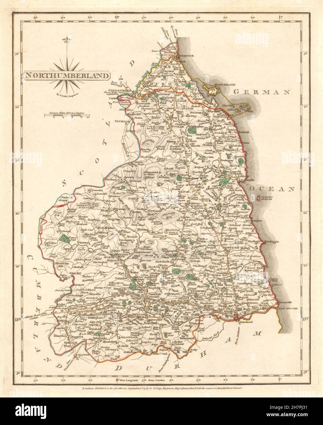 Antique county map of NORTHUMBERLAND by JOHN CARY. Original outline ...