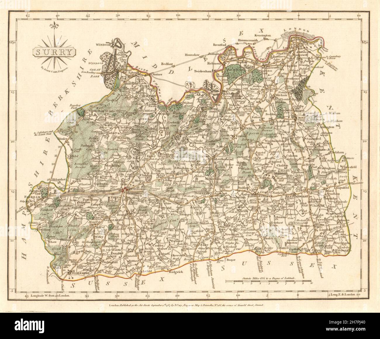 Antique county map of SURREY by JOHN CARY. Original outline colour ...