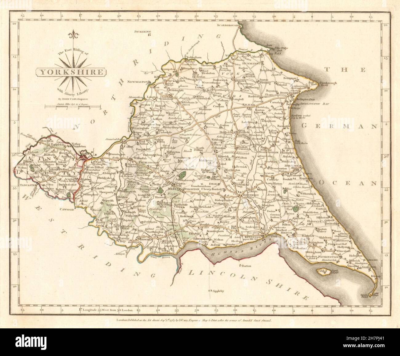 EAST RIDING OF YORKSHIRE antique map by JOHN CARY. Original outline ...