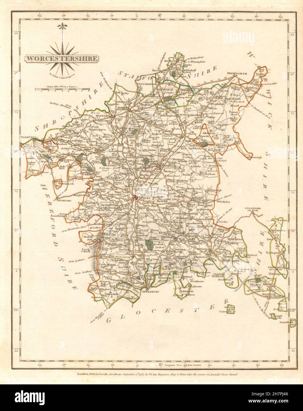 Antique county map of WORCESTERSHIRE by JOHN CARY. Original outline ...