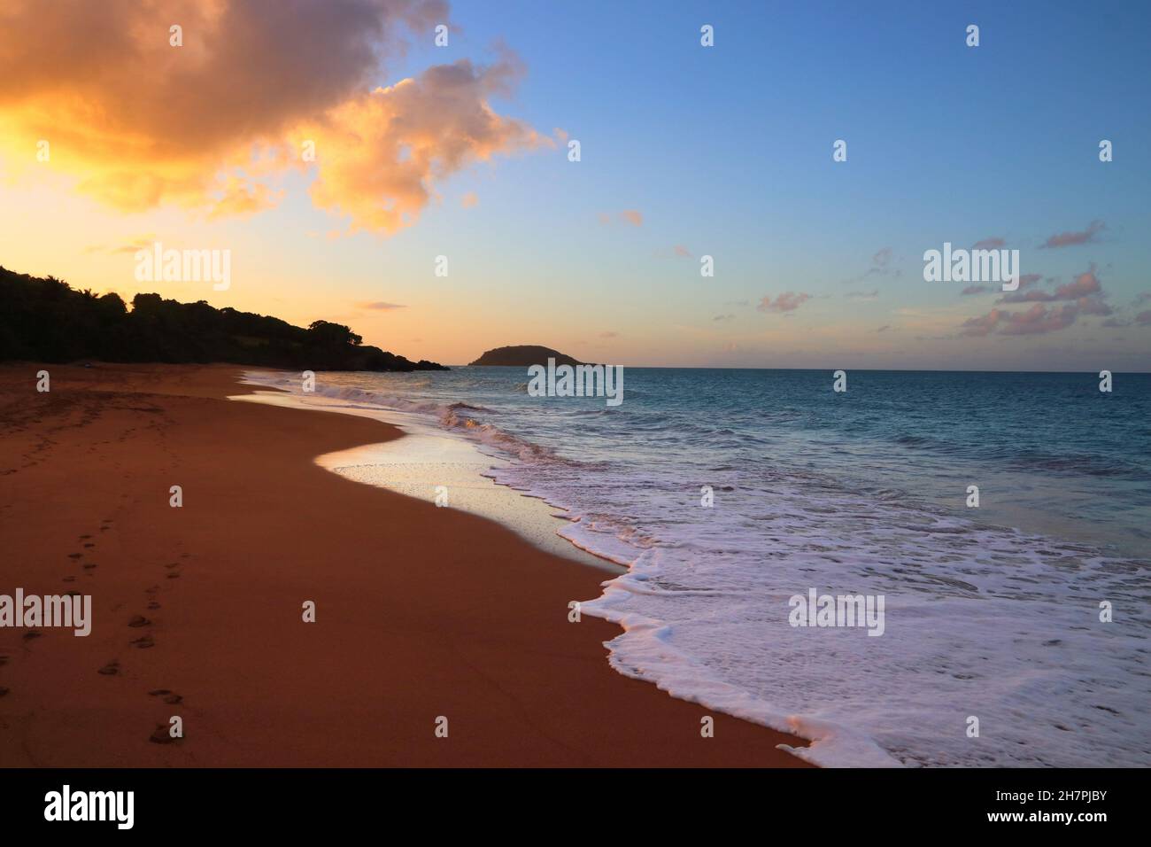 Guadeloupe sandy beach sunset light. Caribbean vacation landscape ...