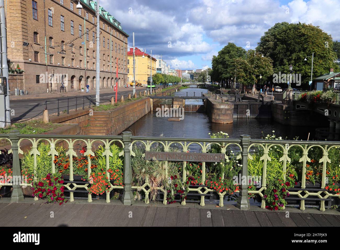 Gothenburg city in Sweden. Canal locks and bridges. Drottningtorg ...
