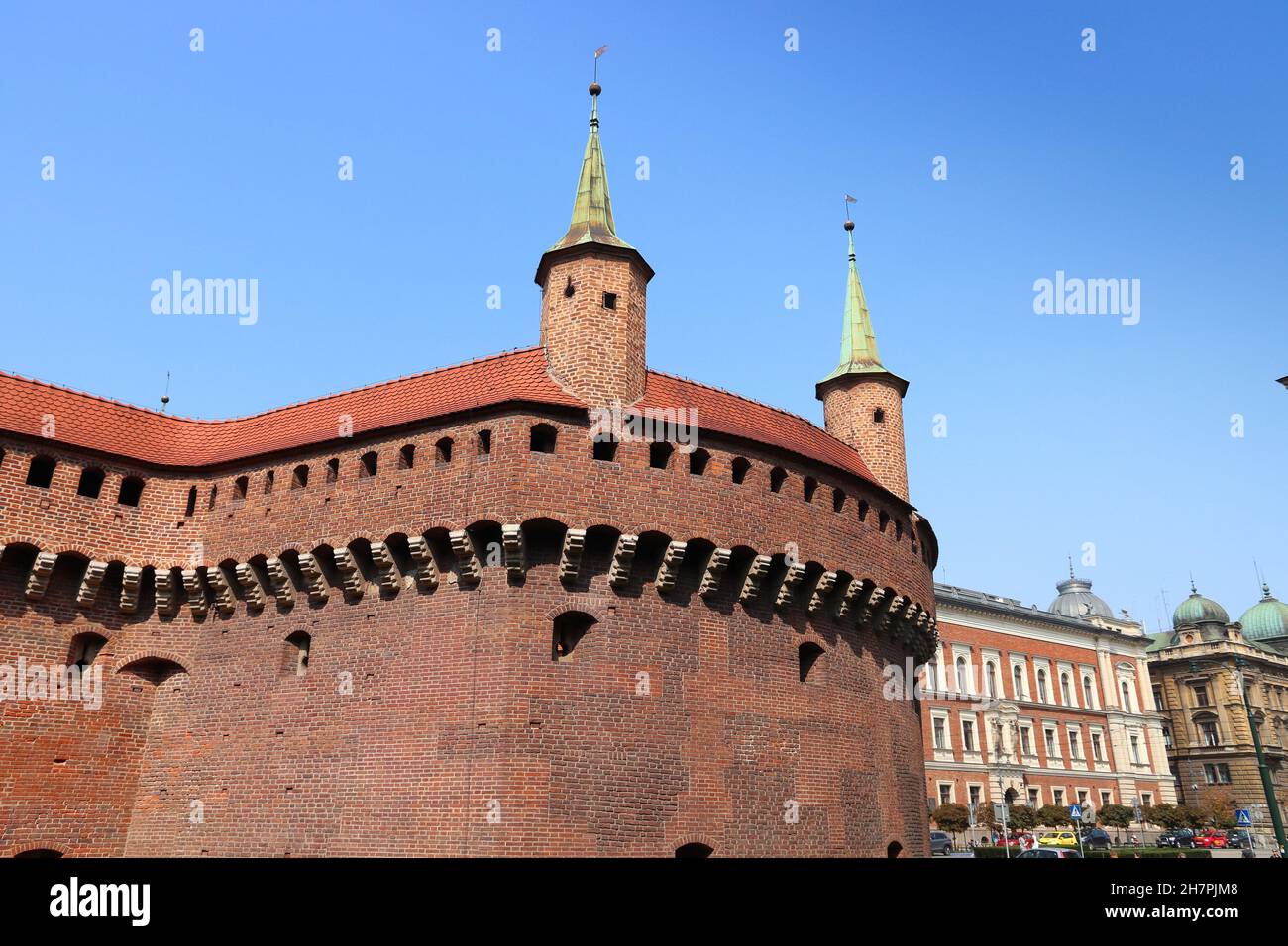 Krakow city landmark in Poland. Barbican - medieval fortified outpost ...