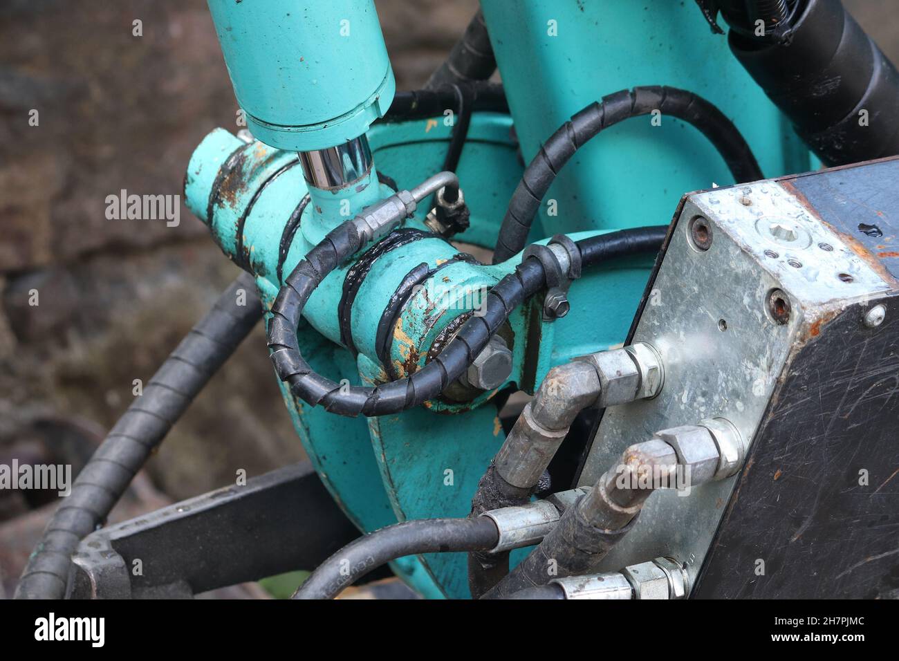 Heavy hydraulic machine detail close up. Generic construction machine ...