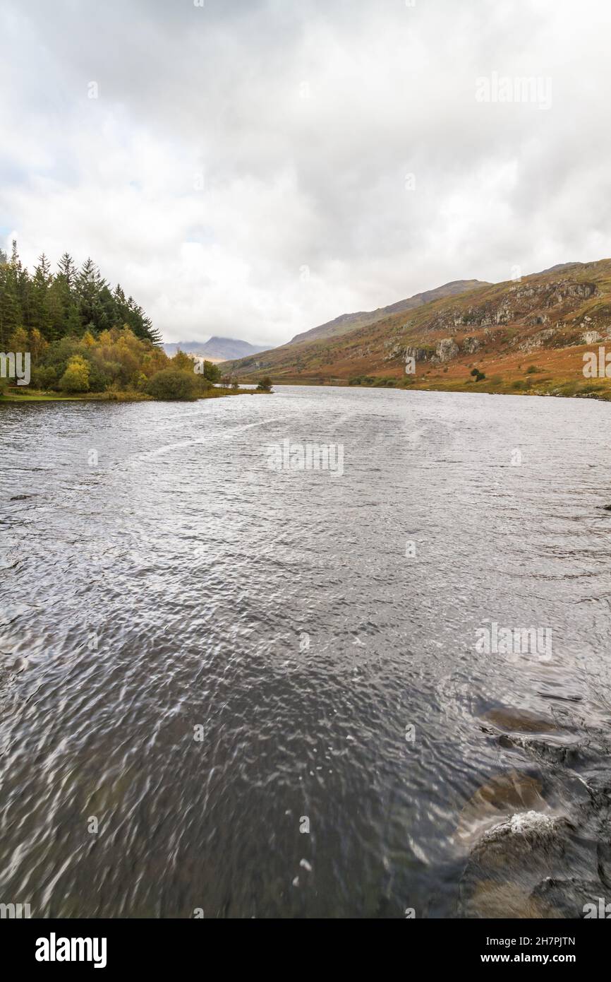 View over Snowdonia lake Llynnau Mymbyr from Capel Curig, portrait ...