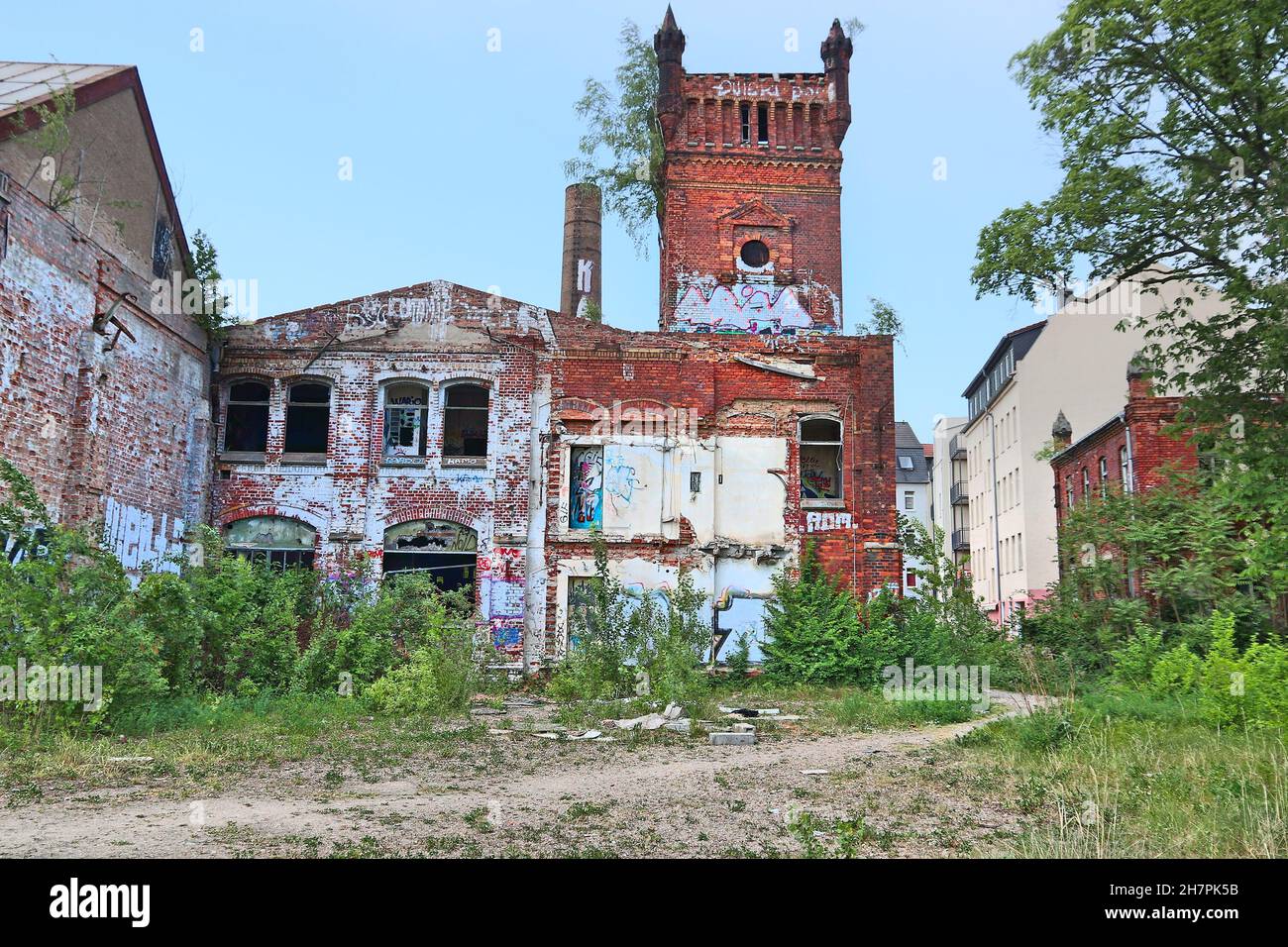LEIPZIG, GERMANY - MAY 9, 2018: Abandoned industrial ruins in Plagwitz ...