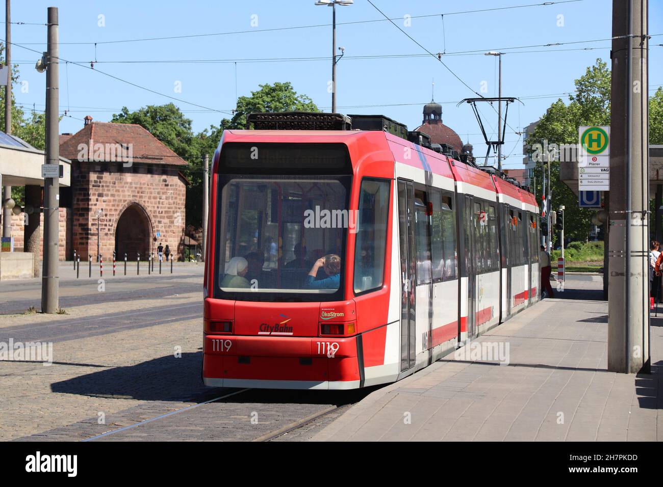 NUREMBERG, GERMANY - MAY 6, 2018: People ride a public transportation ...