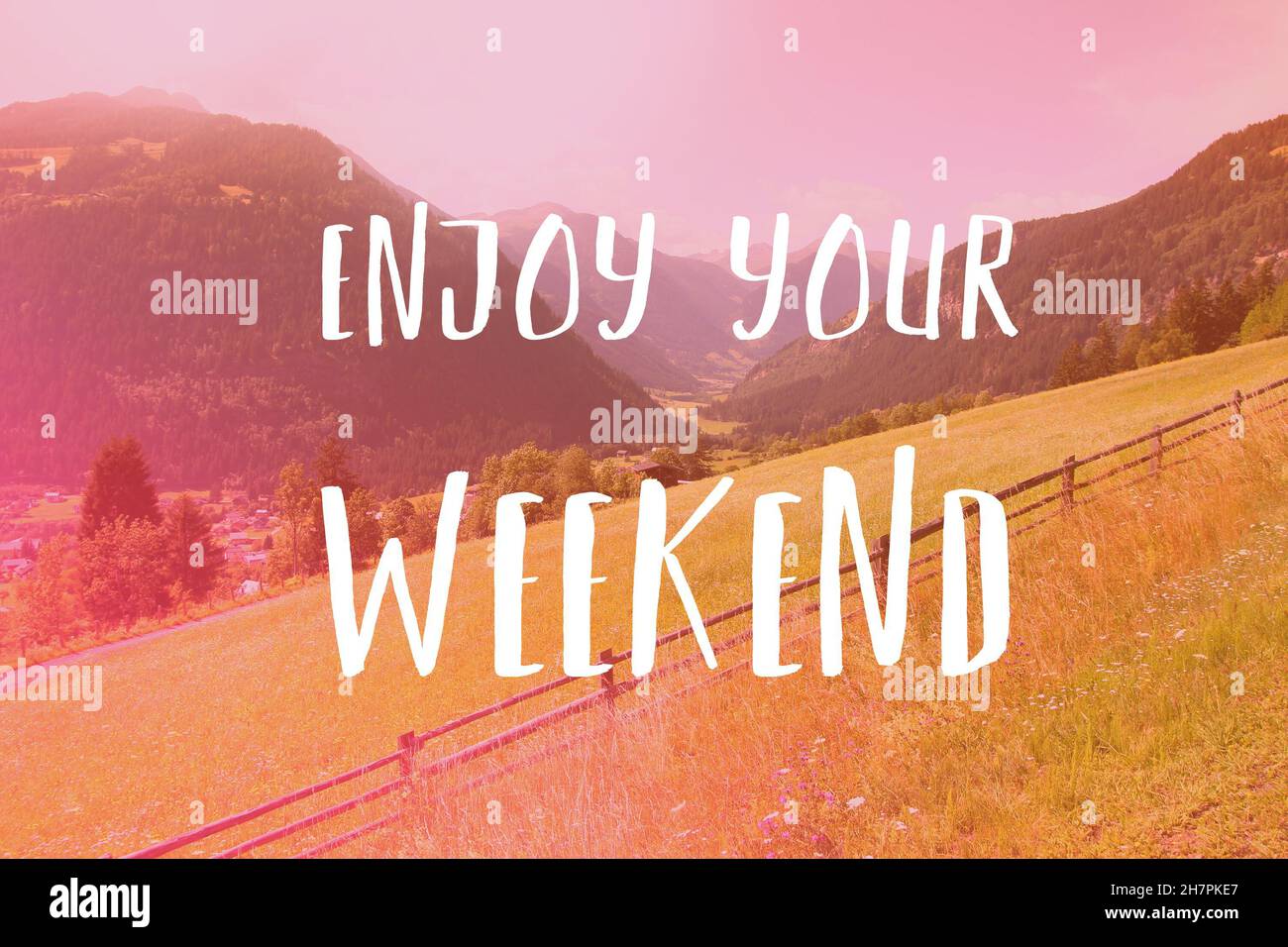 Enjoy your weekend. Social media motivational poster Stock Photo - Alamy