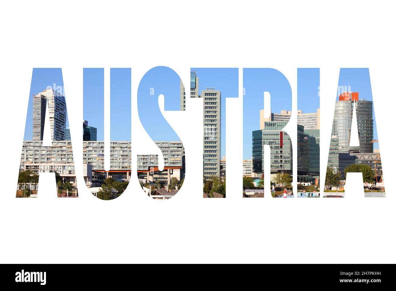 Austria sign - country name with background travel photo. Text isolated ...