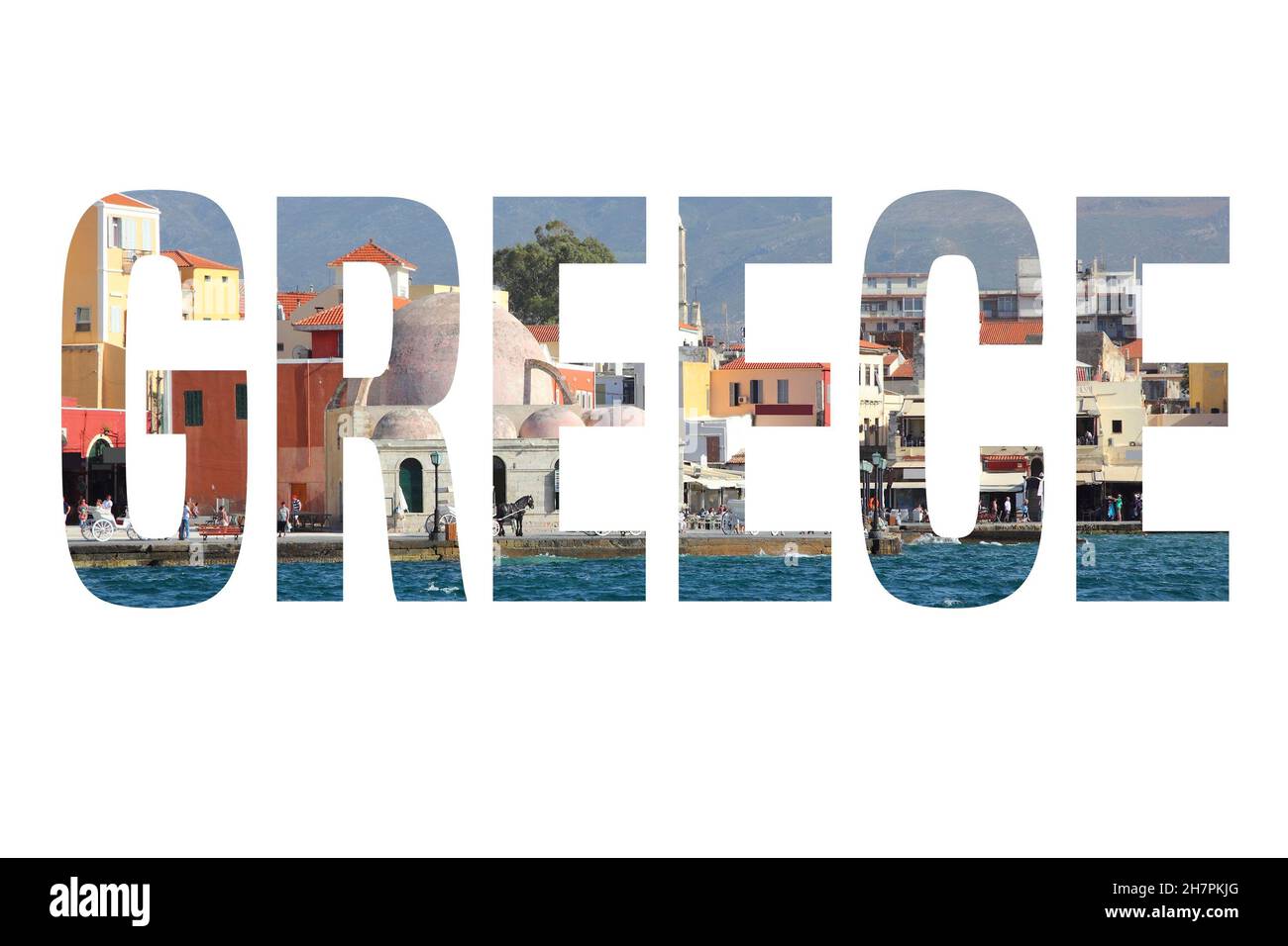 Greece word - country name with background travel postcard photo Stock ...
