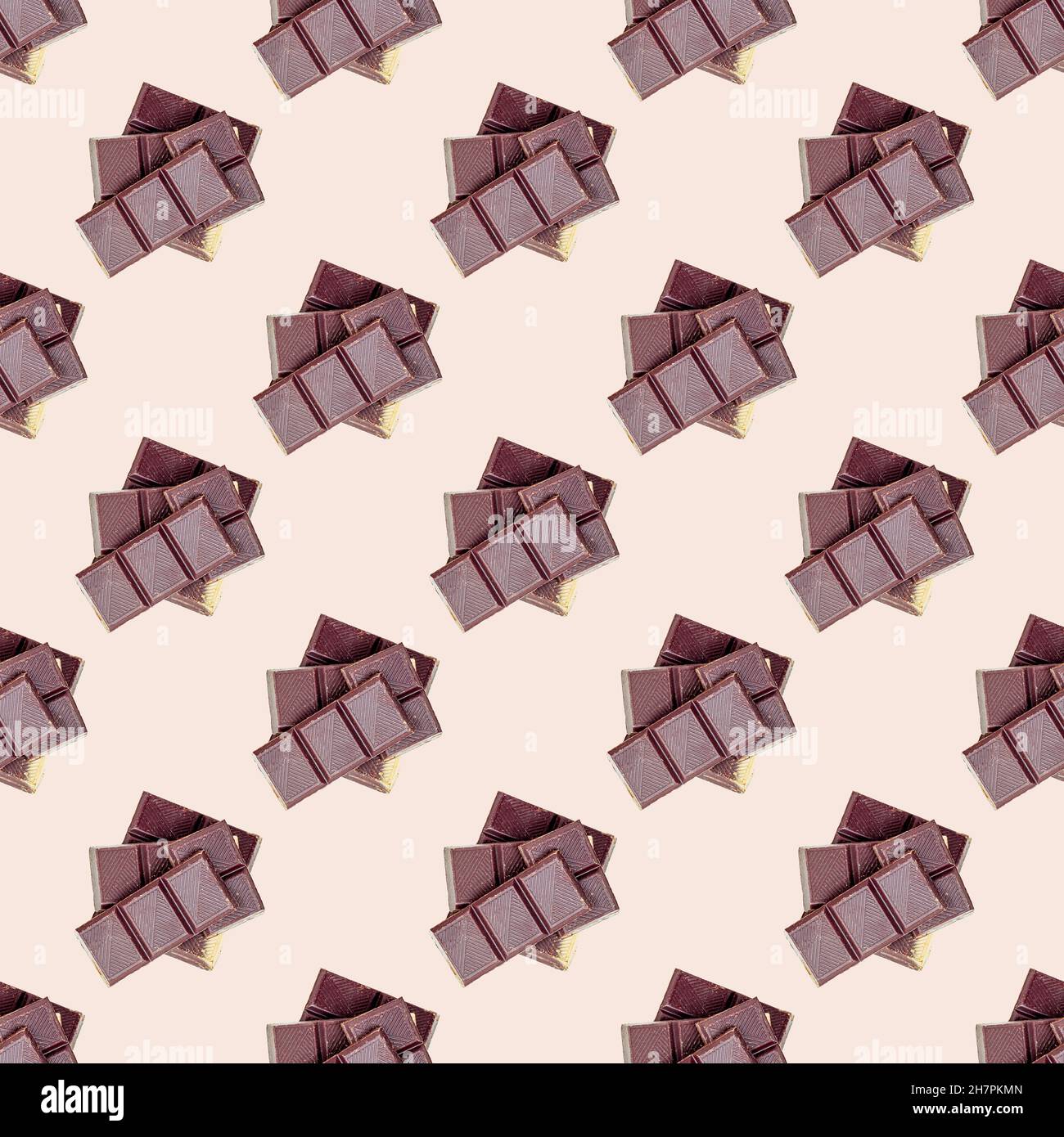 Sweet dark chocolate pieces repeat seamless pattern on light background ...