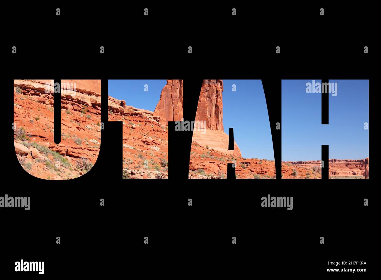 Utah sign - US state name isolated on black with background landscape ...