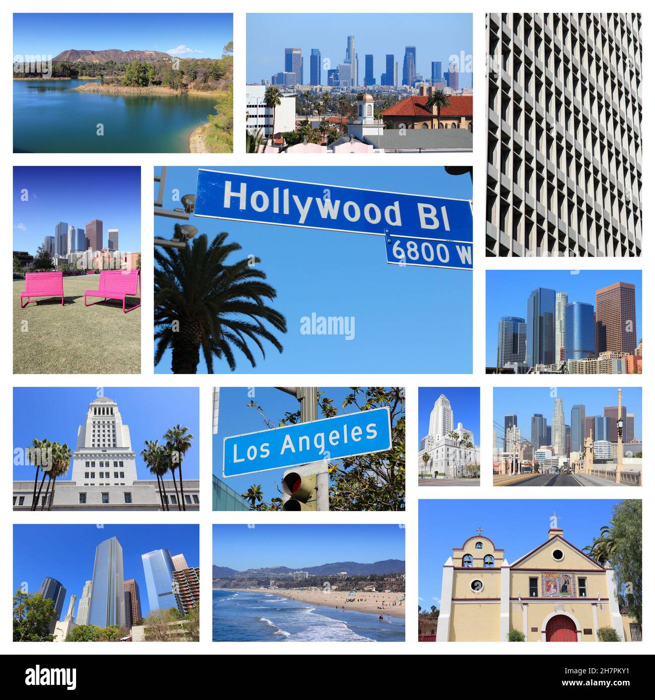 Los Angeles travel collage with skylines, Hollywood and Santa Monica beach Stock Photo - Alamy