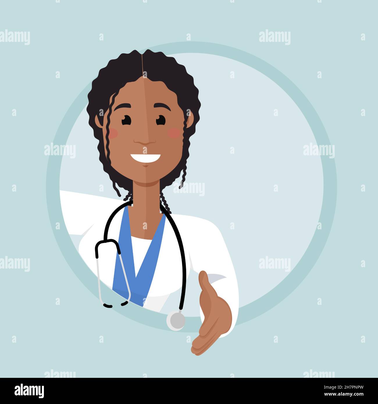 The female doctor smiles and holds out her hand to say hello Stock ...