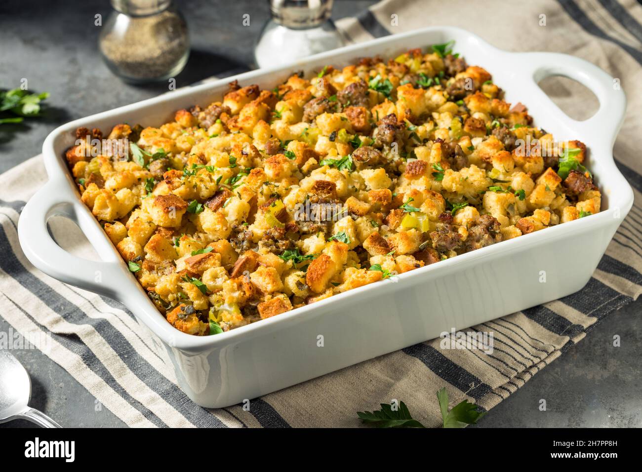 Homemade Thanksgiving Pork Sage Stuffing in a Casserole Dish Stock ...