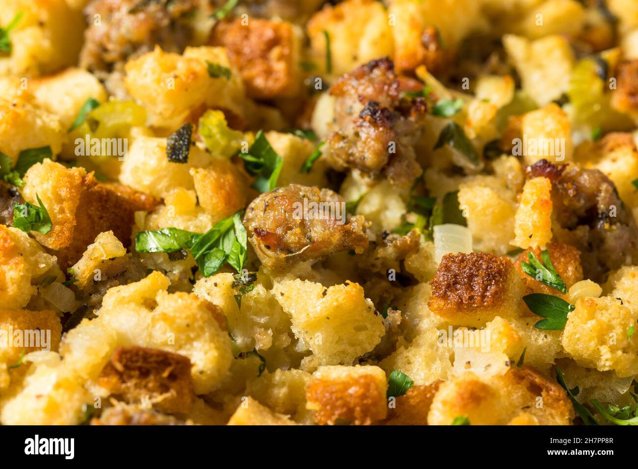 Homemade Thanksgiving Pork Sage Stuffing in a Casserole Dish Stock ...