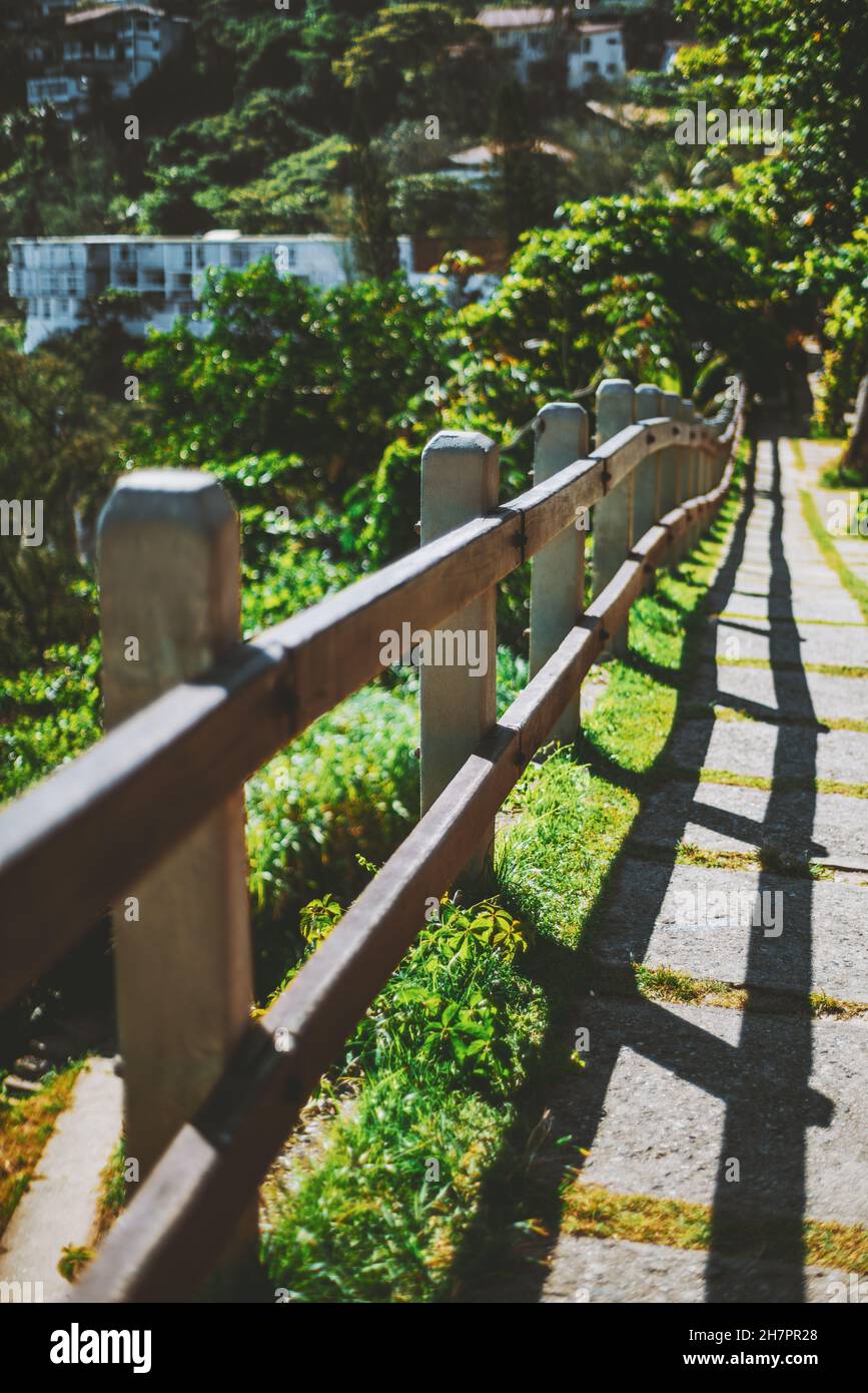 A vertical shot of a long beautiful coastal pathway in a tropical ...