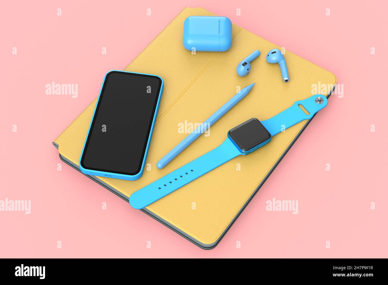 Top view of computer tablet with stylus, smart watch, phone and ...