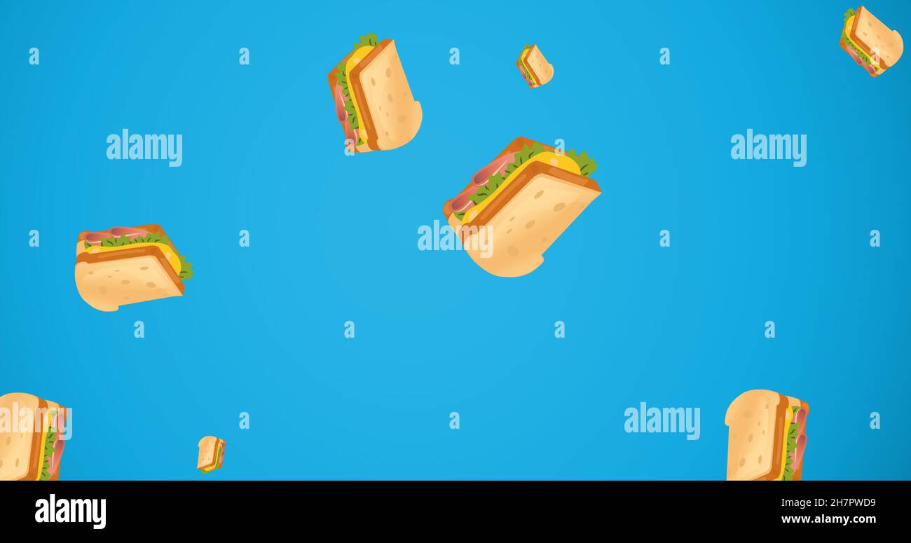 Digital composite image of falling cheese sandwiches against blue ...