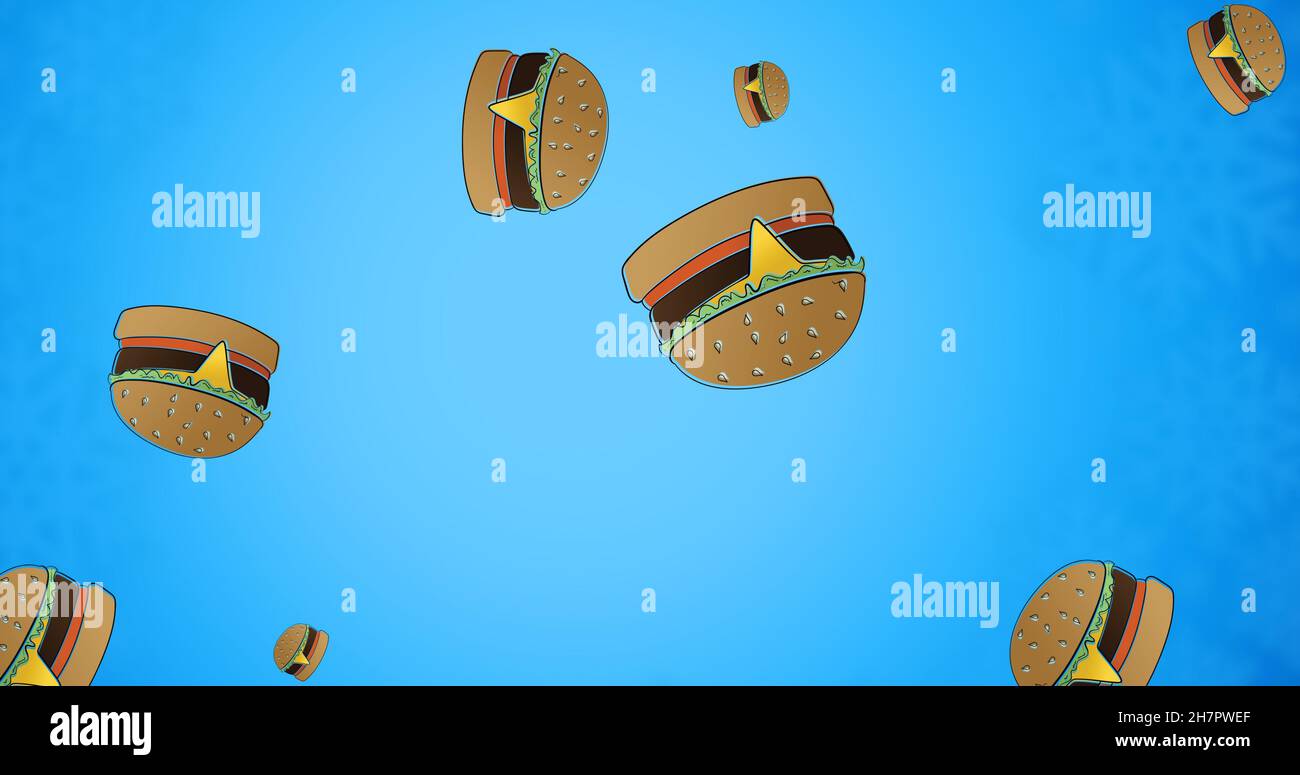 Digital composite image of falling american hamburger sandwiches ...