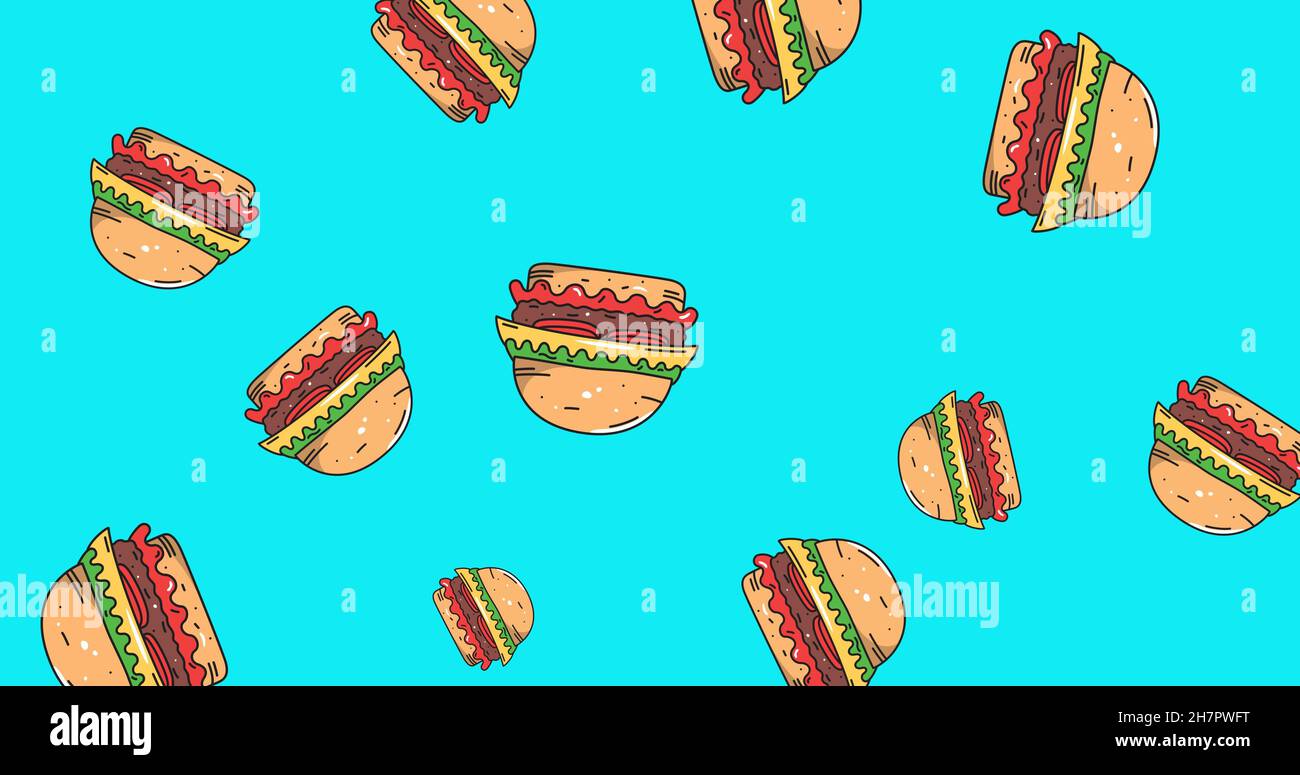 Multiple image of falling american hamburger sandwiches against blue ...