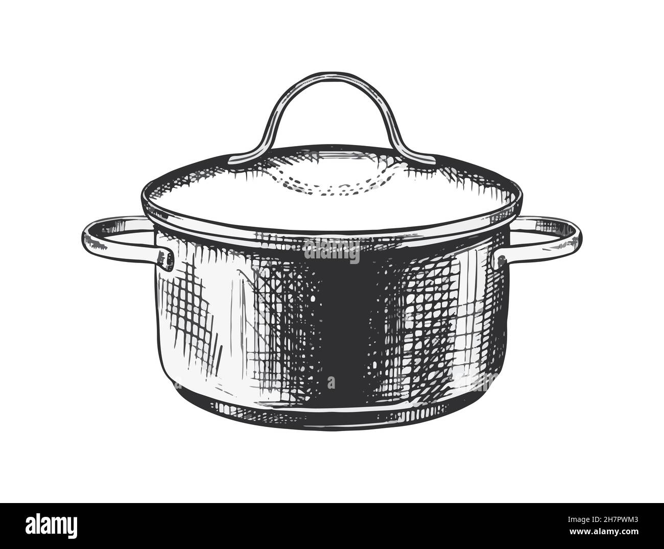 hand drawn icon. Metal pot with lid. Isolated on white background Stock ...