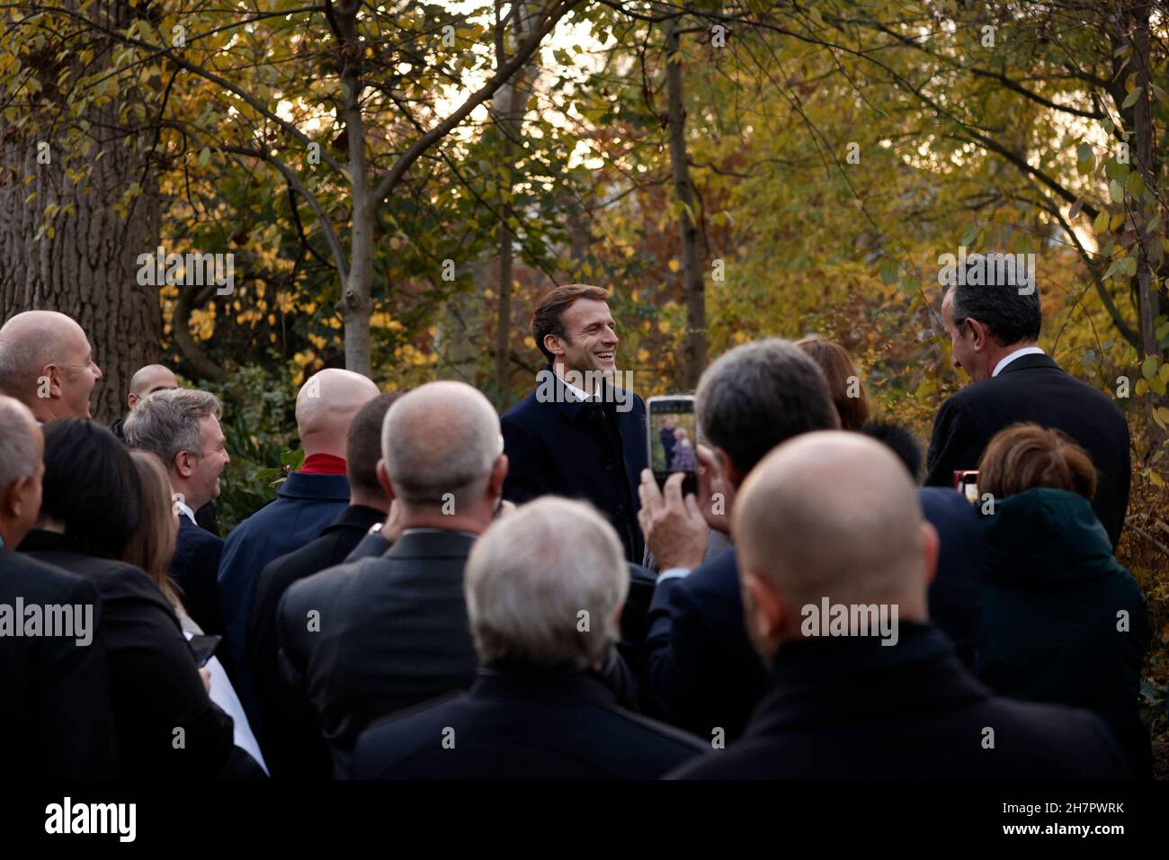 French President Emmanuel Macron (C) listens to Acadian writer Antonine ...