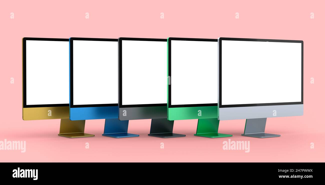 Set of desktop computers with blank screen display isolated on pink ...