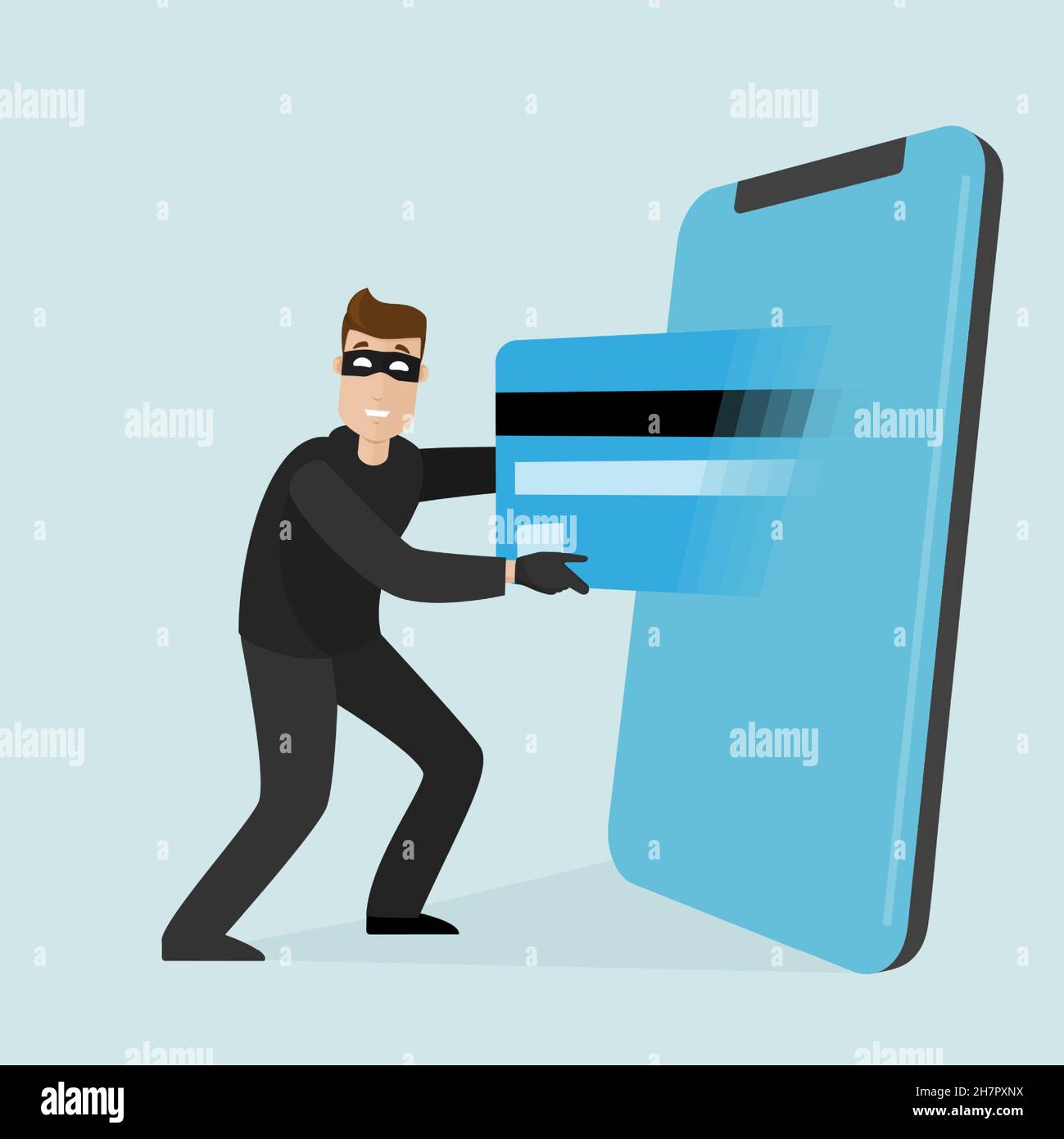 A thief pulls a credit card out of a cell phone. Stealing data from a ...