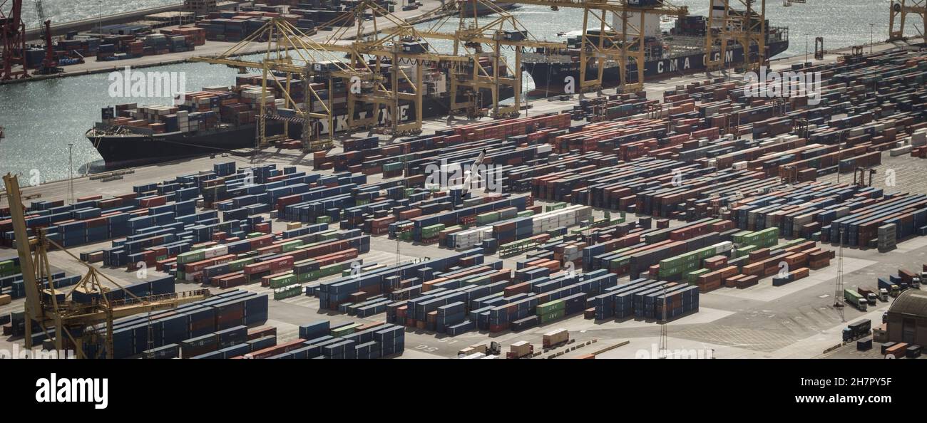 Panoramic shot of container warehouse in the port and vessels Stock ...