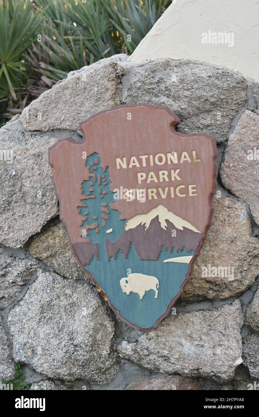 An arrowhead shaped sign signifies National Park Service, USA Stock ...