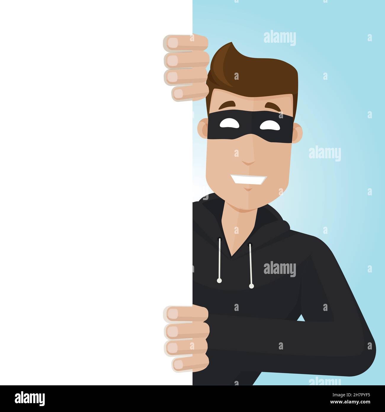 The thief in the black mask peeks out from behind the wall halfway. The ...