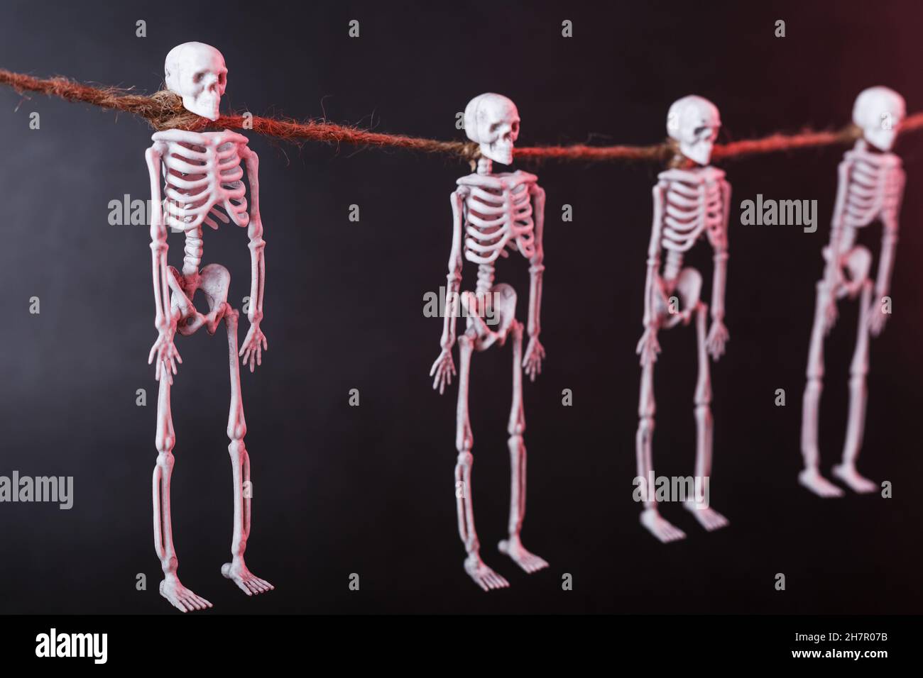 Four skeletons suspended by the neck on a rope with silhouettes on a ...