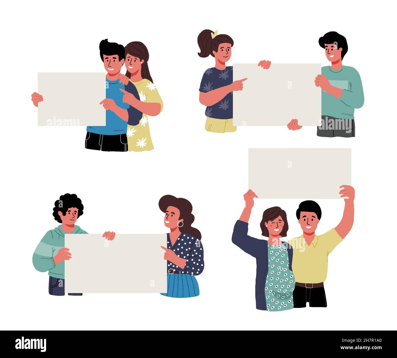 Couples And People One By One Holding Placards Banner Poster Calling