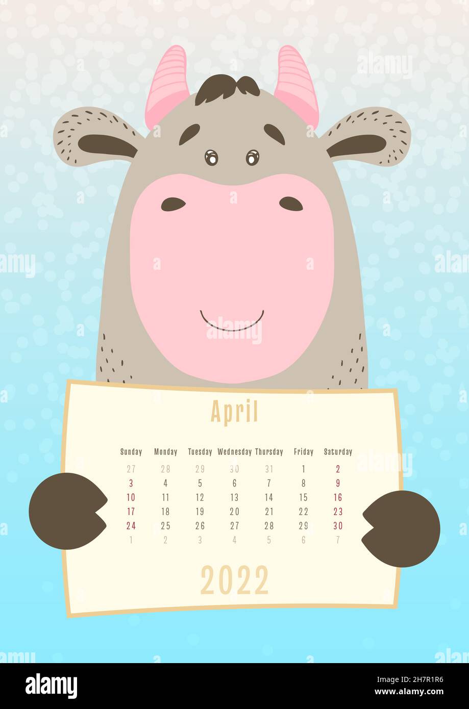 2022 april calendar, cute cow animal holding a monthly calendar sheet ...