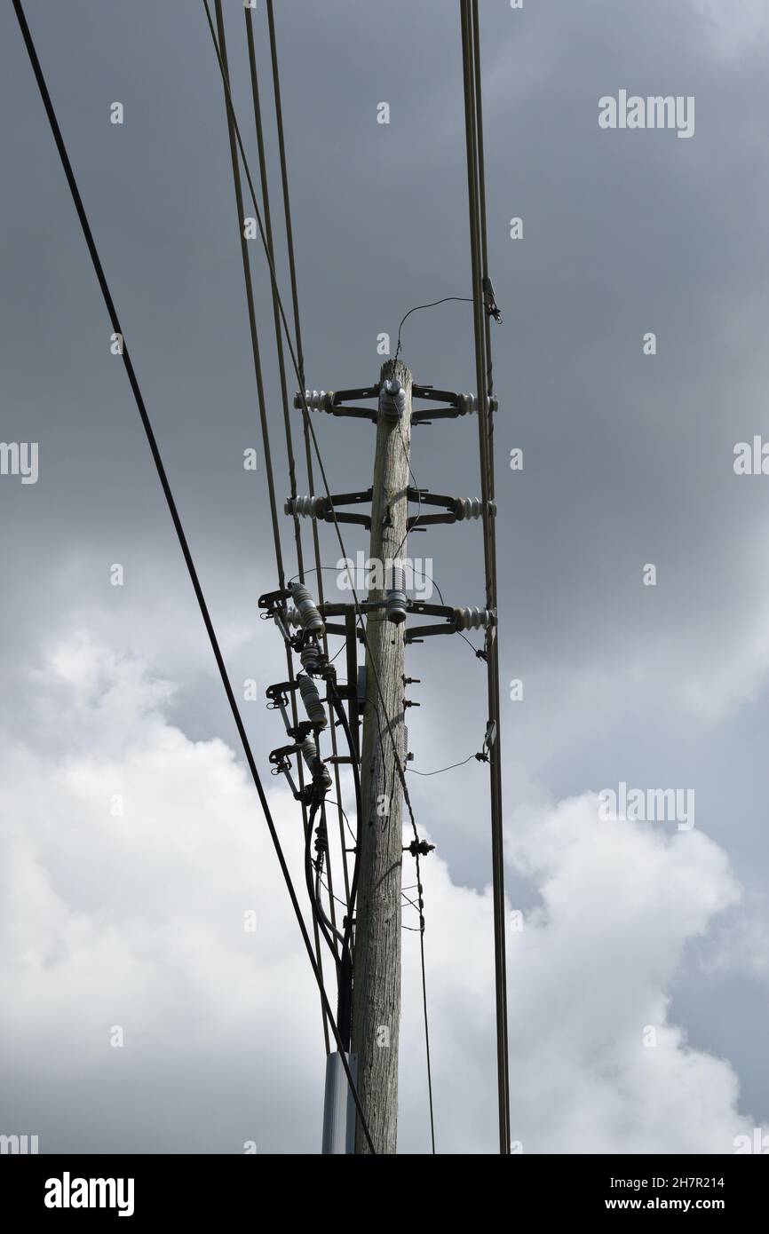 Multiple electric power lines attach to both sides of a wooden pole ...