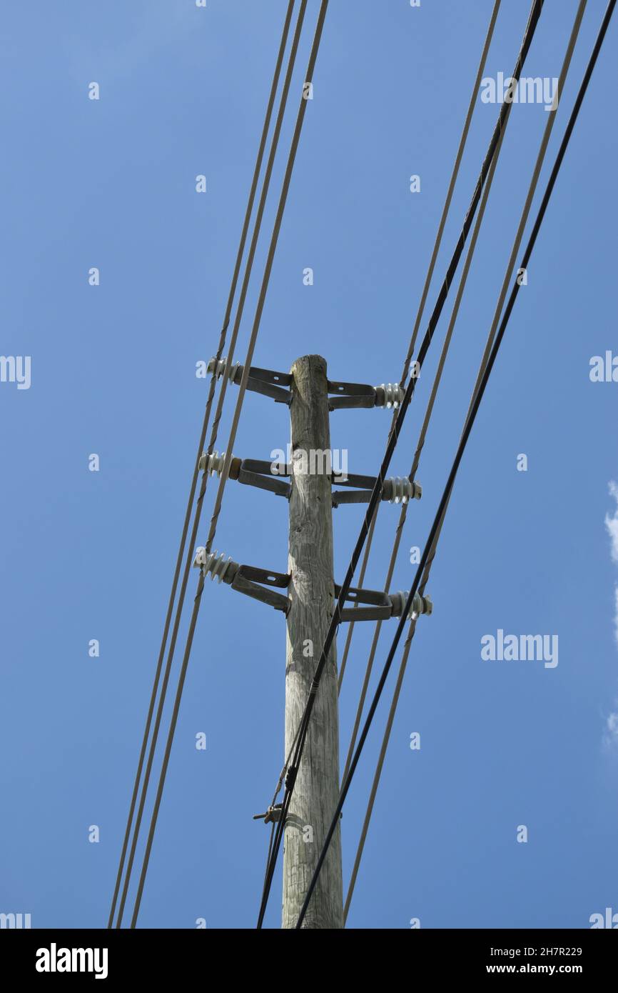 Close-up of multiple electric lines on both sides of a pole Stock Photo ...