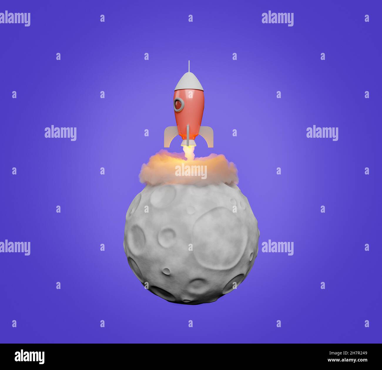 little rocket taking off from the moon and releasing smoke. 3d ...