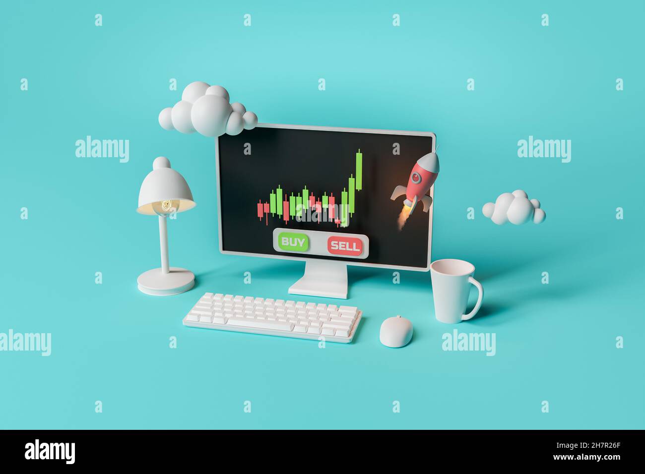 computer monitor with ascending graph and rocket flying around ...