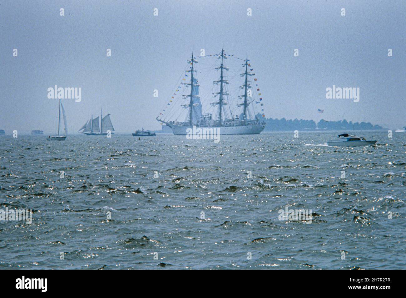 NEW YORK, UNITED STATES MAY 1970: Sailing ship sails on the sea in 70's ...