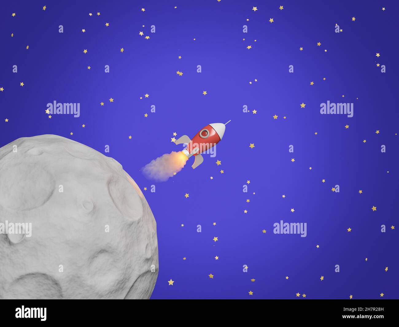 little rocket flying over the moon with stars background. 3d rendering ...