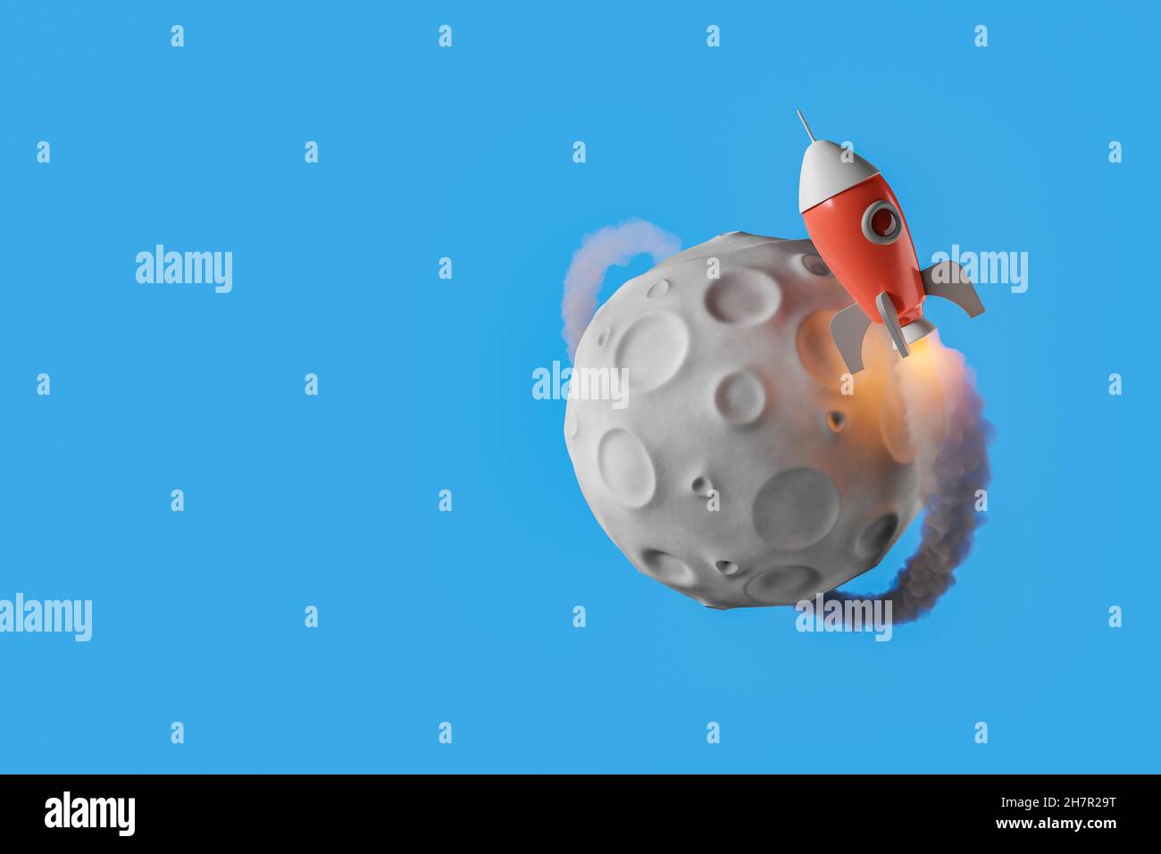 small rocket orbiting the moon and leaving a trail of smoke. copy space ...