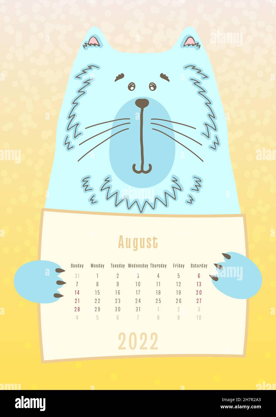 2022 august calendar, cute cat animal holding a monthly calendar sheet ...