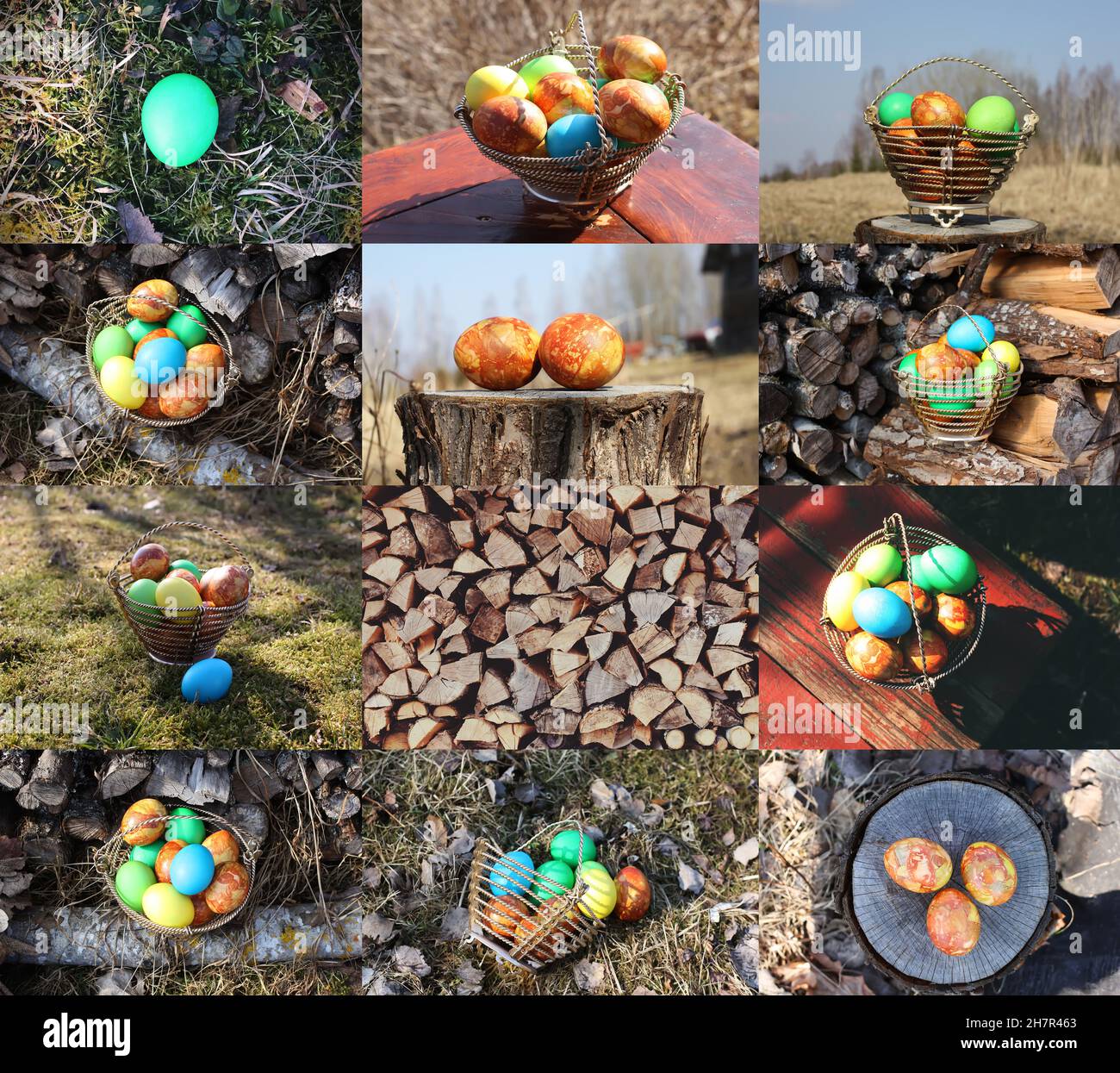 Easter collage with colorful eggs on nature background Stock Photo - Alamy