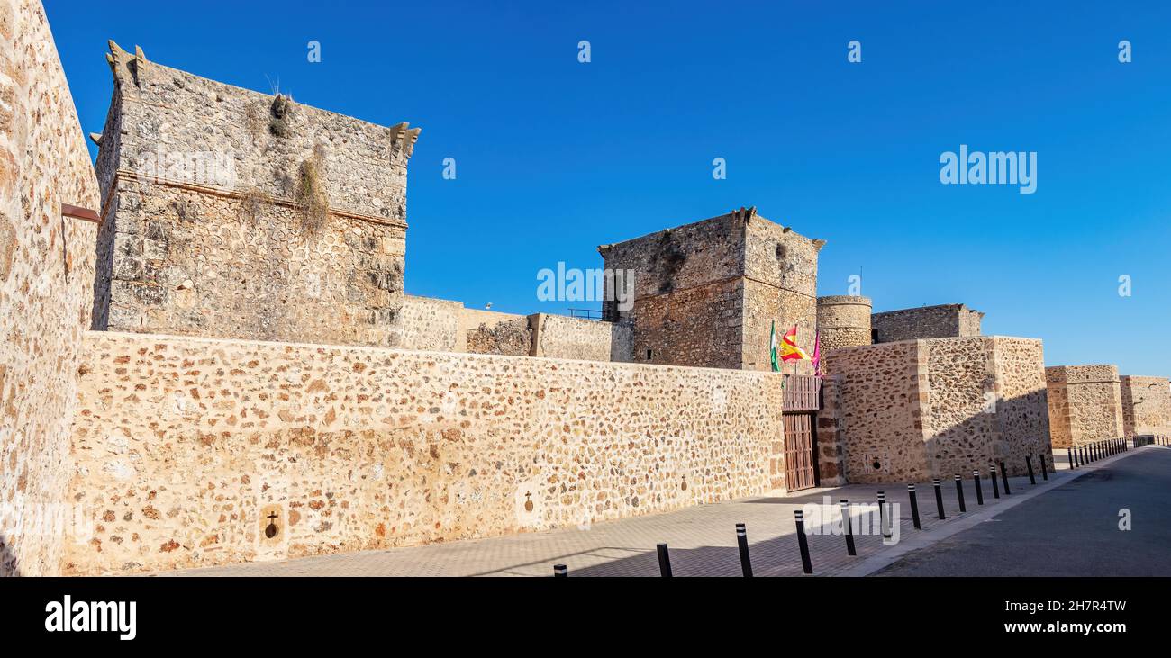 View of defensive walls of Niebla castle, in Huelva, Andalucia, Spain ...
