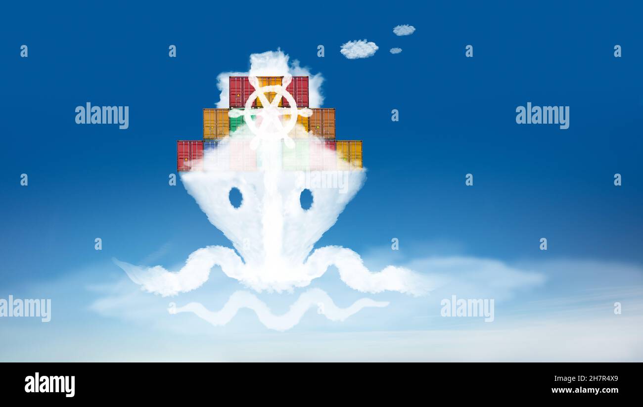 Cloud ship with helm, containers software concept Stock Photo - Alamy
