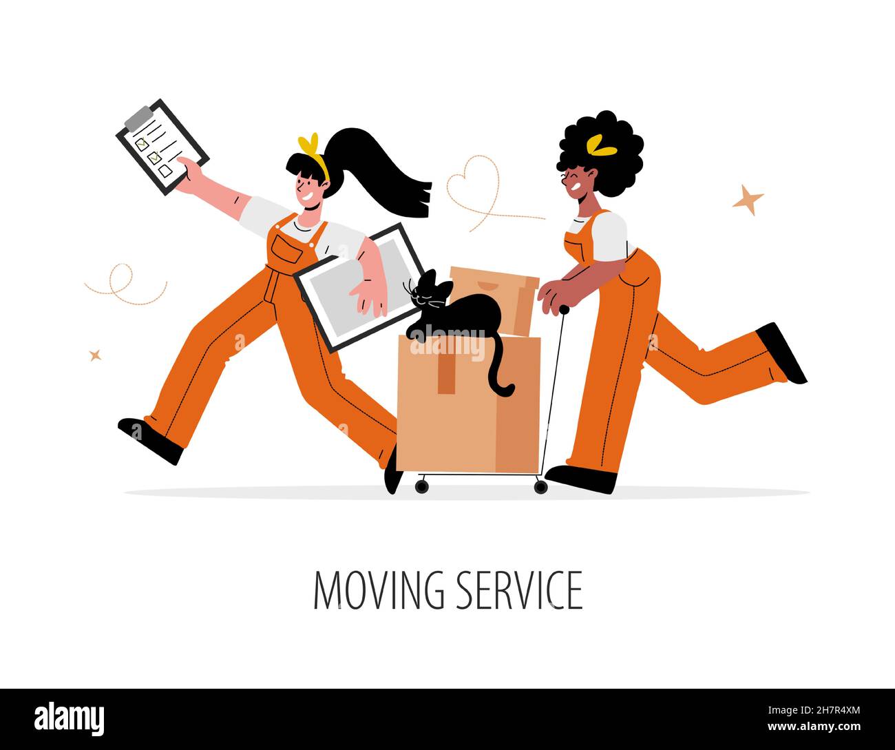 Relocation or moving service concept. Two people in uniform help to ...