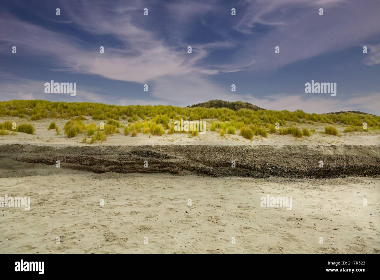 Eroded beach ridge formed by storm and waves, making a thick bottom ...
