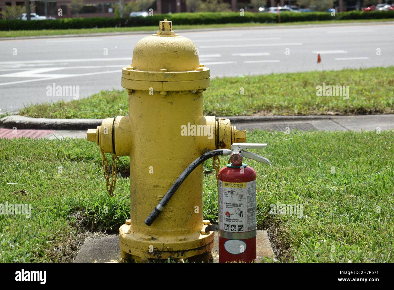 A portable fire extinguisher next to a yellow fire hydrant Stock Photo ...